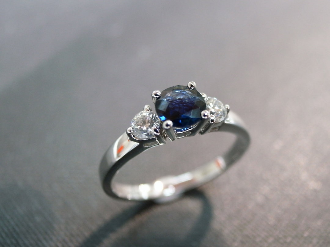Three Stone Engagement Ring With Diamond and Blue Sapphire in 14K White ...