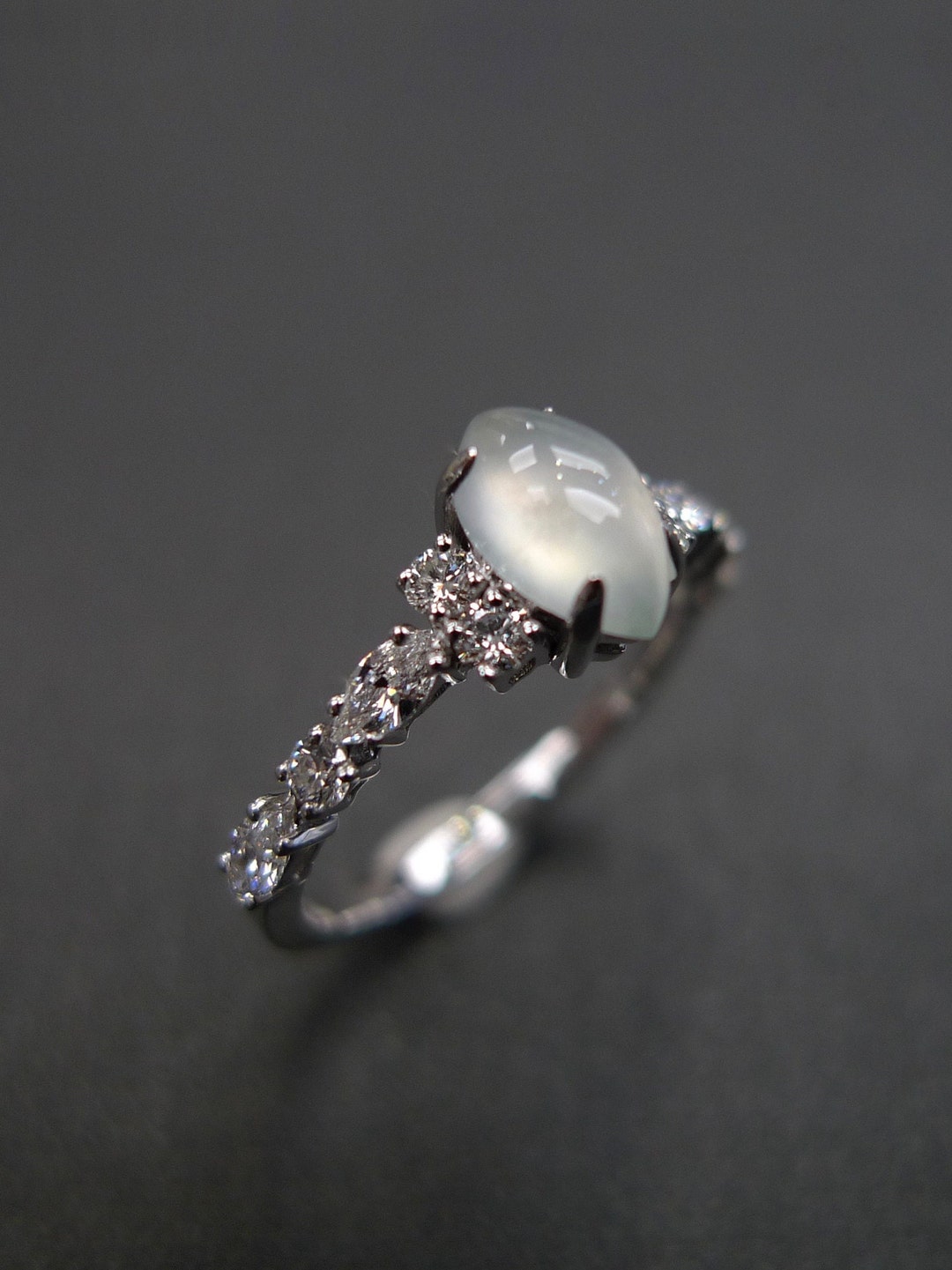 White Jade and Diamond Engagement Ring in 14K Solid White Gold, Lab ...