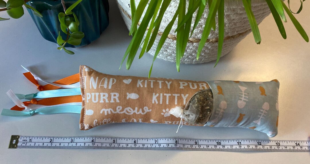 NEW Handmade Cat Kicker Toy With Catnip Pocket Crinkle Material Ribbon ...