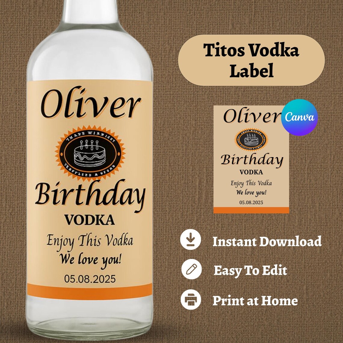 Editable Titos Vodka Label Canva Template, Personalized Alcohol Bottle ...
