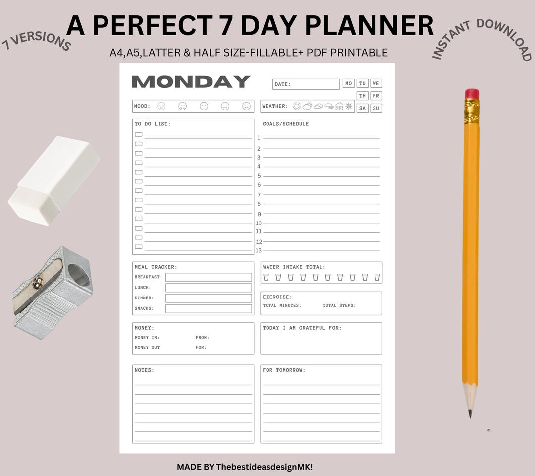 7 Day Planner Printable Weekly Planner Daily to Do List for Work ...