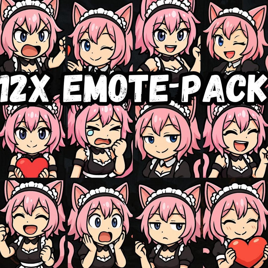 Maid Catgirl Emotes | 12x Chibi Twitch & Discord Emoji Pack | Pink ...