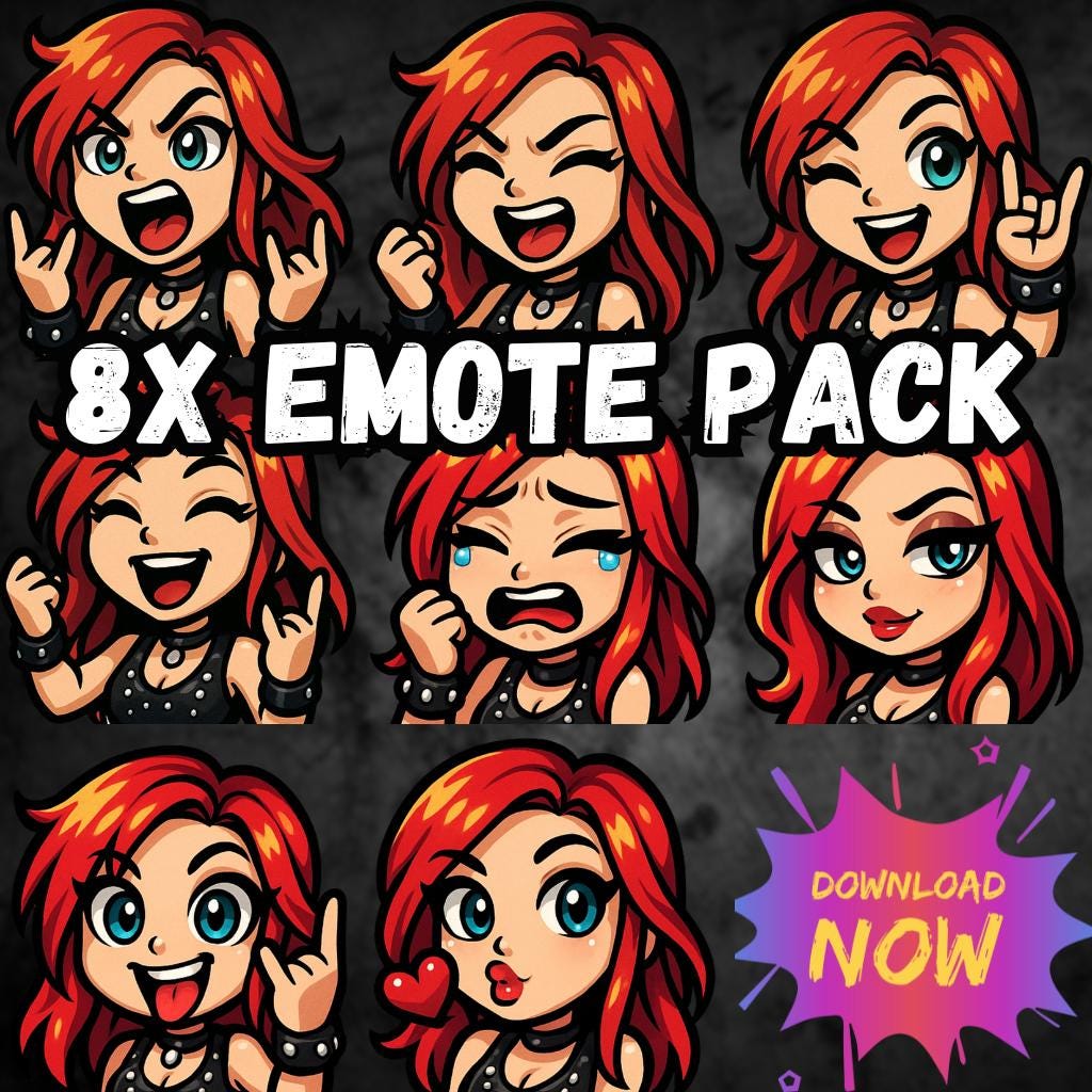 Metalhead Chibi Emotes: Red-haired Rocker Girl - Twitch & Discord ...