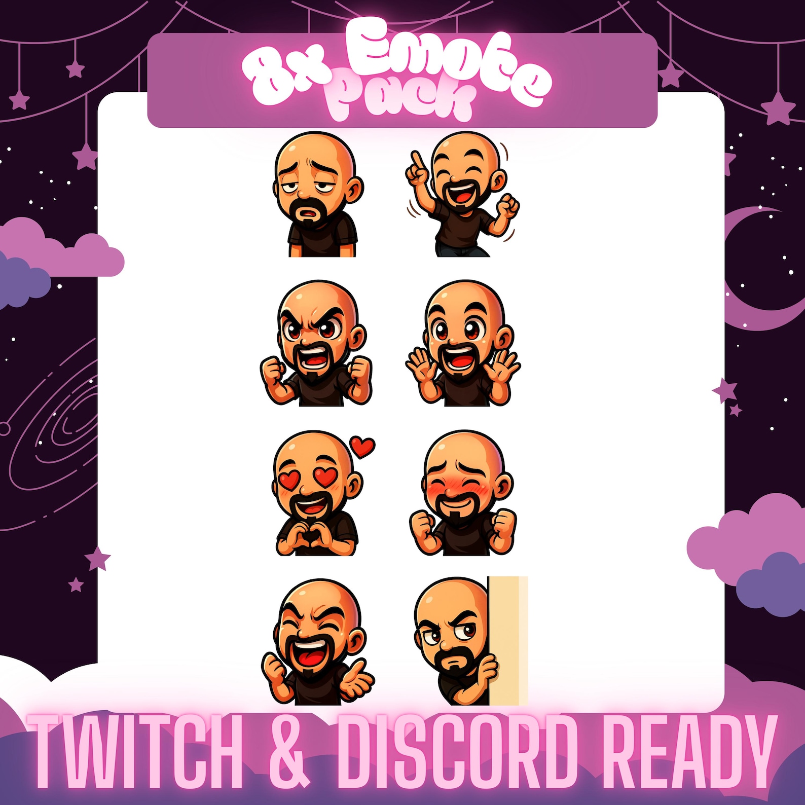 Funny Bald Guy Twitch Emotes: Cartoon Streamer Pack (PNG Digital ...