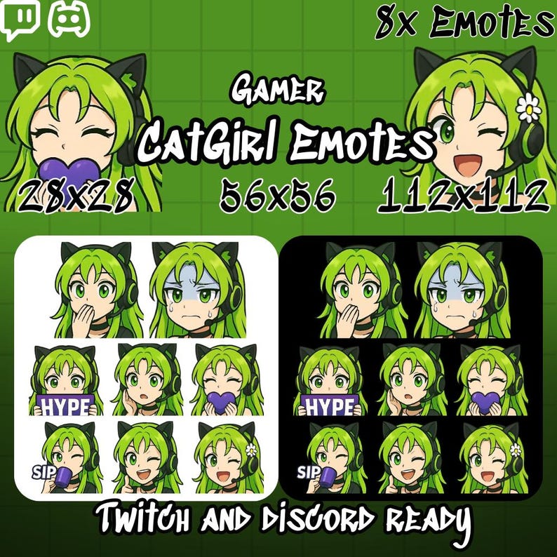 Gamer Catgirl Twitch Emotes Set 8 Pack Green Hair Chibi Emotes for ...