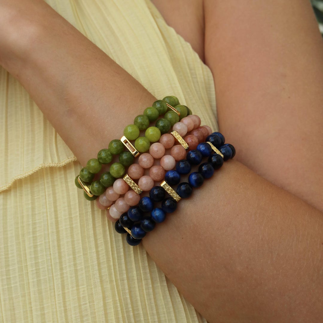 Natural Stone Bead Bracelet – Green Jade, Rose Quartz & Blue Amber - Etsy