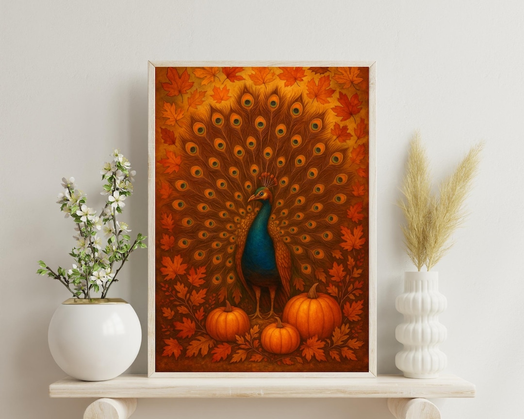 Peacock Fall Art Print: Vintage Pumpkin, Jewel Tone Thanksgiving ...