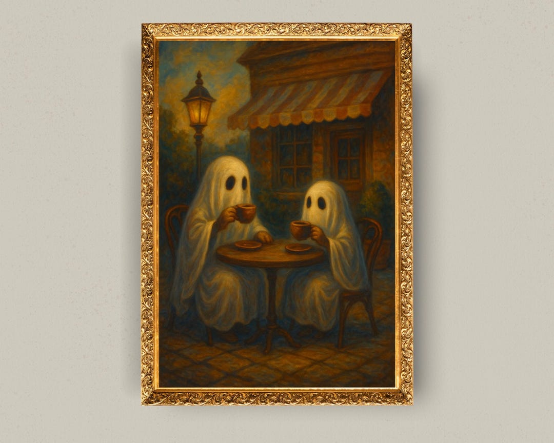 Cute Ghost Coffee Print – Whimsical Halloween Wall Art, Spooky Ghost ...