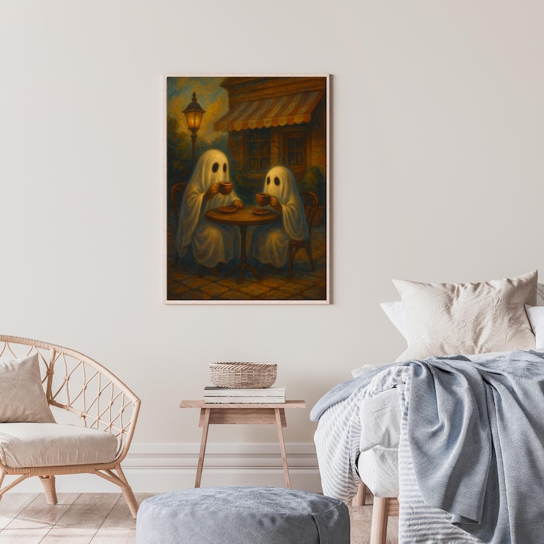 Cute Ghost Coffee Print – Whimsical Halloween Wall Art, Spooky Ghost ...