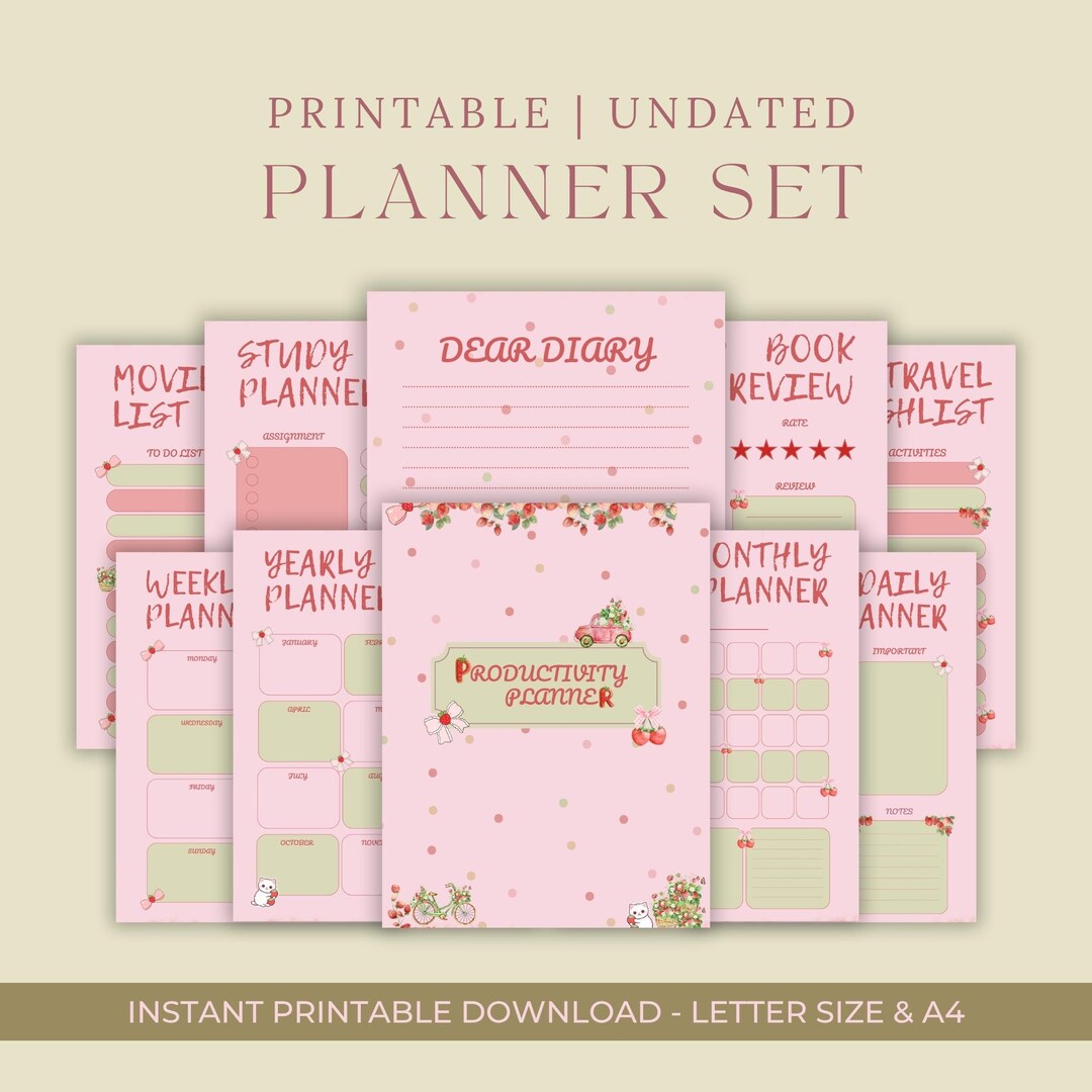 Strawberry Printable Planner Set – Cute Undated Productivity Diary (A4 ...