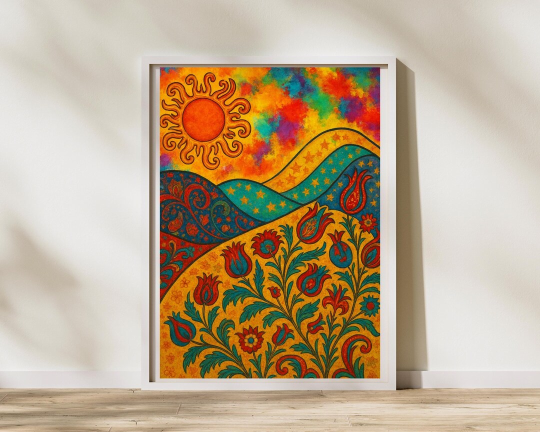 Retro Ottoman Landscape Print: Turkish Tulip, Boho Sun (digital ...