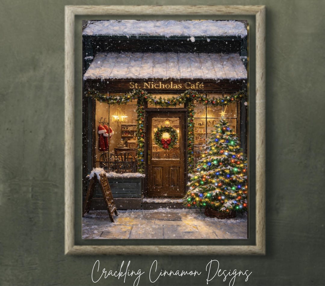 St. Nicholas Cafe Christmas Wall Art Printable, Cozy Holiday Cafe Decor ...