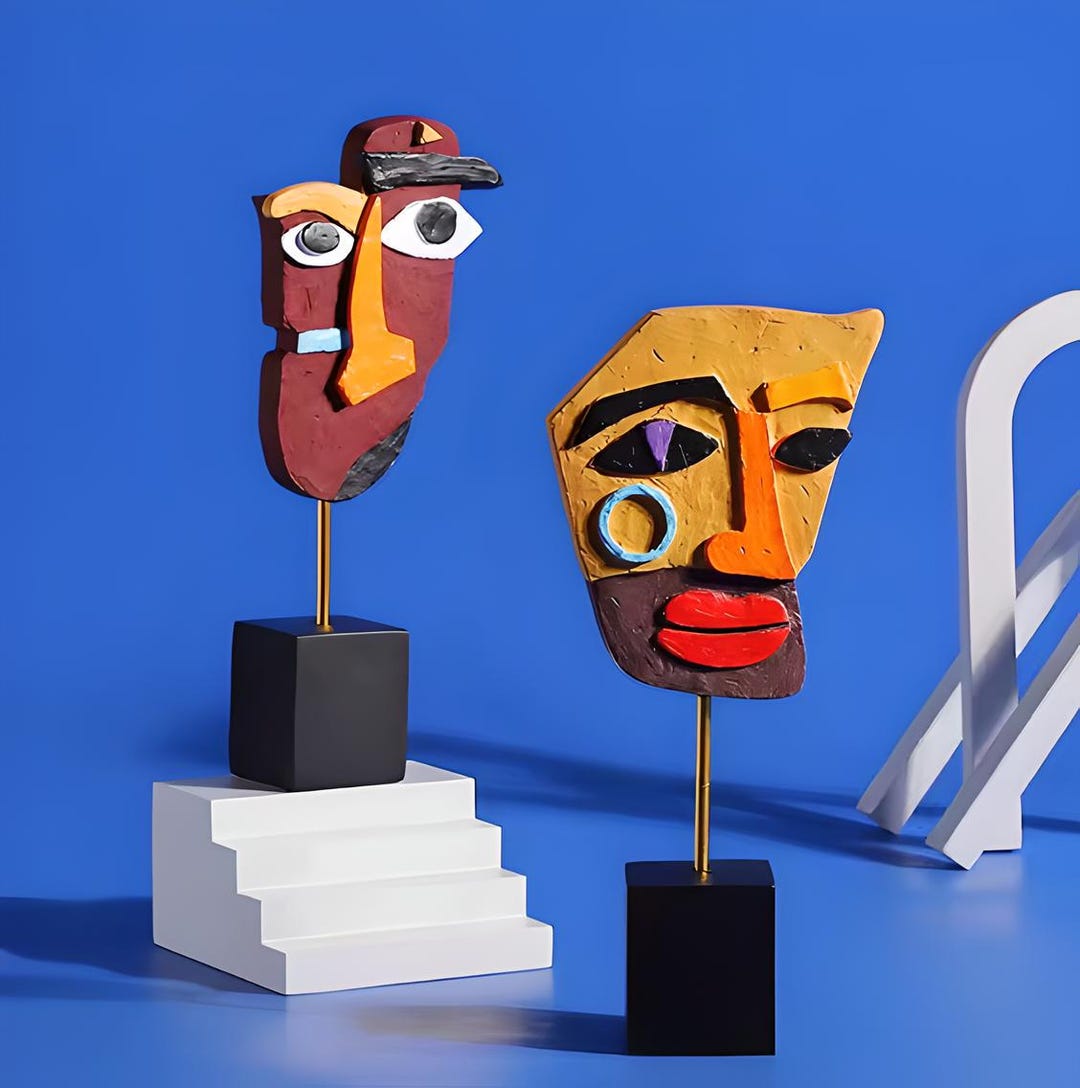 Abstract Face Sculpture – Modern Resin Mask Statue – Colorful Cubist ...