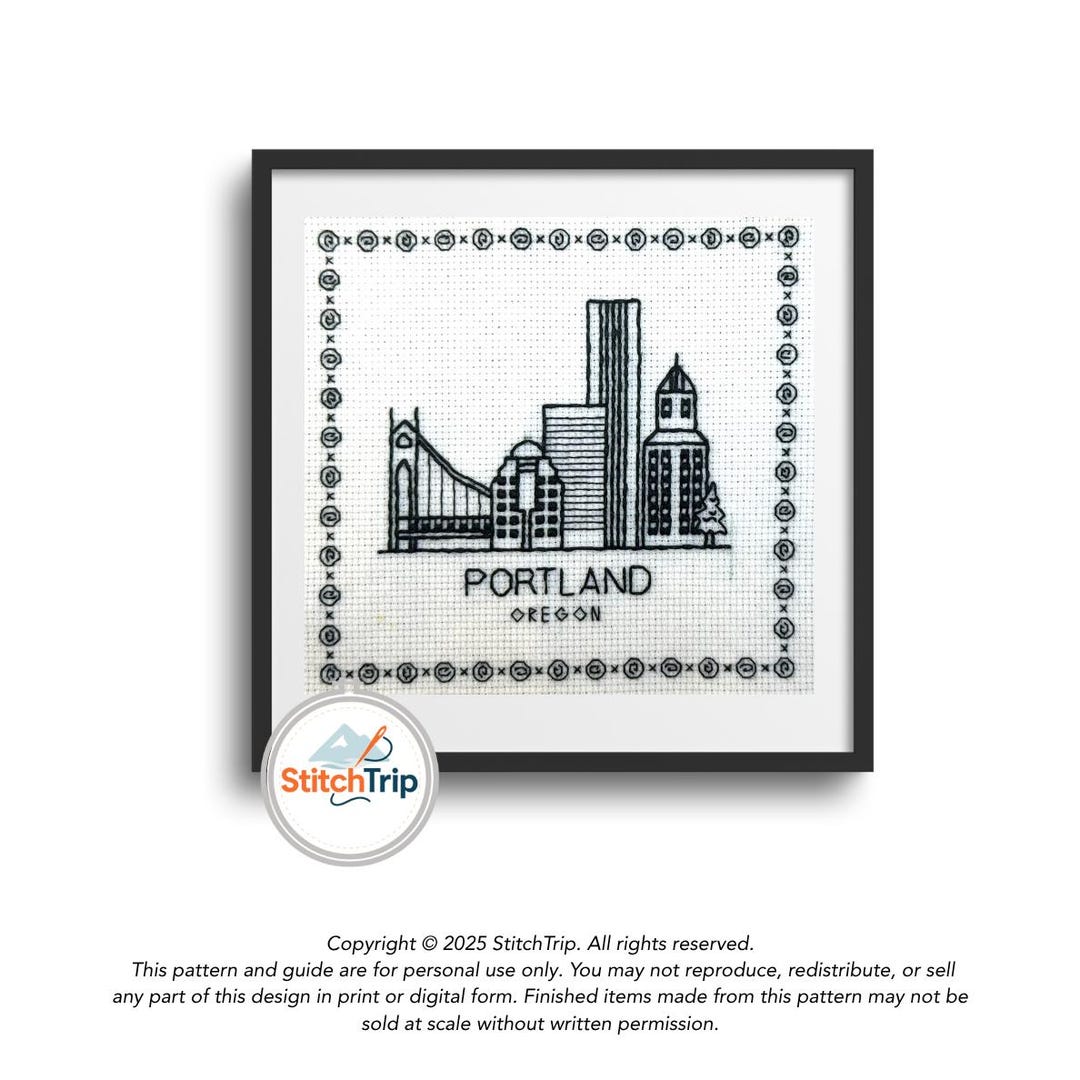 Portland Skyline Blackwork Pattern: Modern Cityscape Embroidery (PDF ...