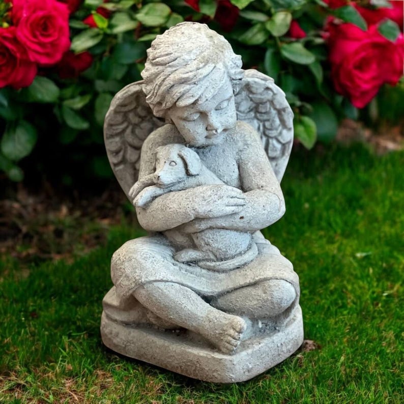 Angel Garden Statue Sitting Cherub With Dog Sculpture Outdoor Angel ...