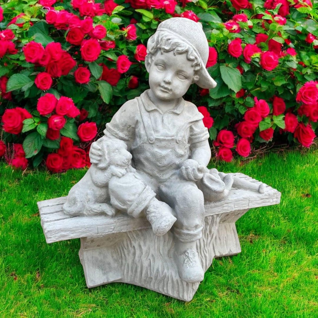 Realistic Kid Sitting on Bench Garden Statue Detailed Boy Playing With ...