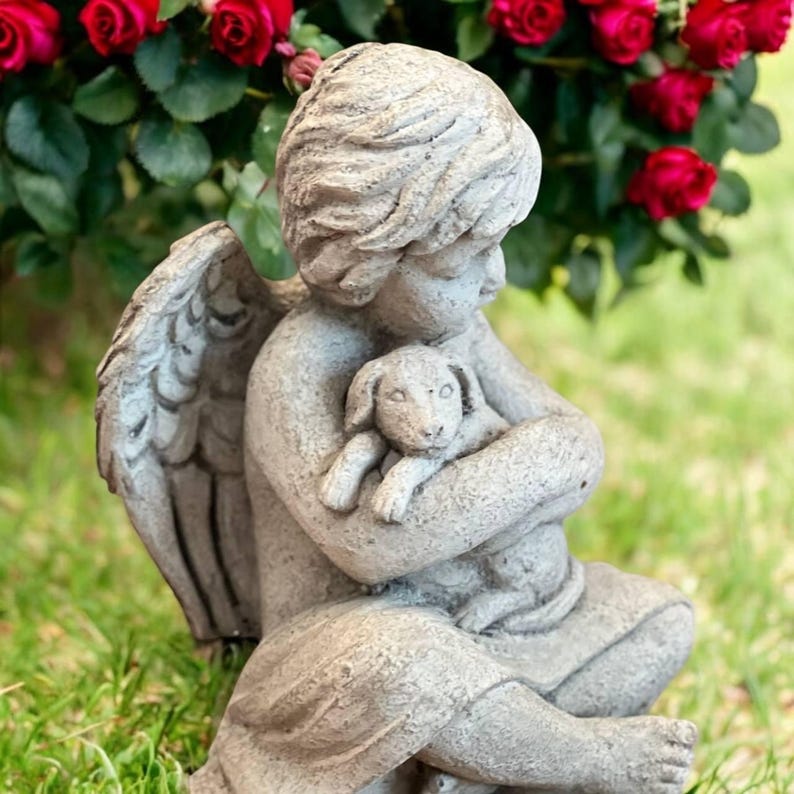 Angel Garden Statue Sitting Cherub With Dog Sculpture Outdoor Angel ...
