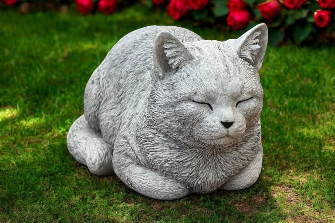 Concrete Cat Garden Statue Outdoor Pet Memorial Stone Sleeping Cat ...