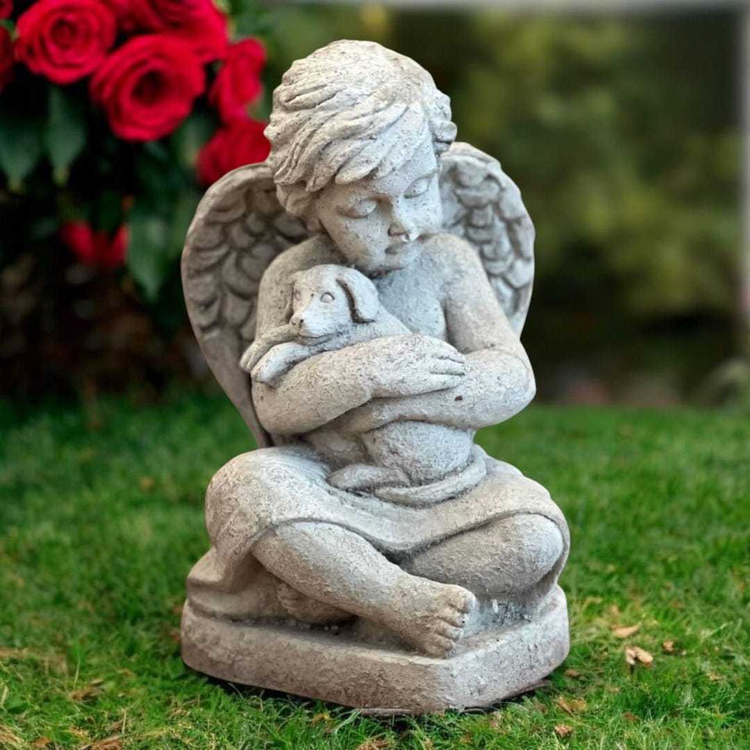 Angel Garden Statue Sitting Cherub With Dog Sculpture Outdoor Angel ...