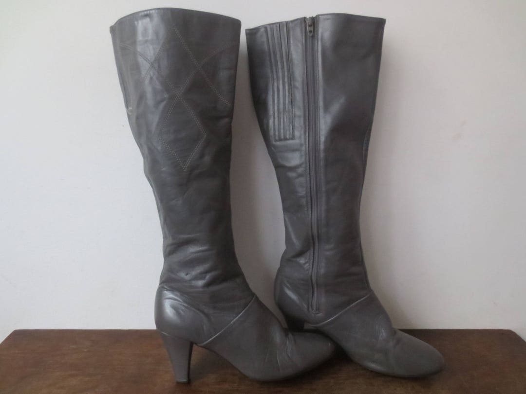 Vintage 1970s Knee-high Boots Cobbies Slate Gray Leather Boots With Rad ...