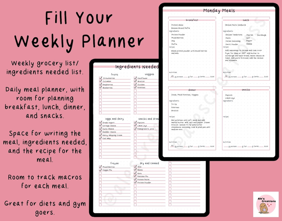 Light Pink Meal Prep Planner (dotted Paper) - Etsy