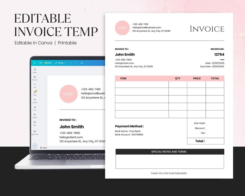 Editable Invoice Template for Small Business | Minimalist Billing Form ...