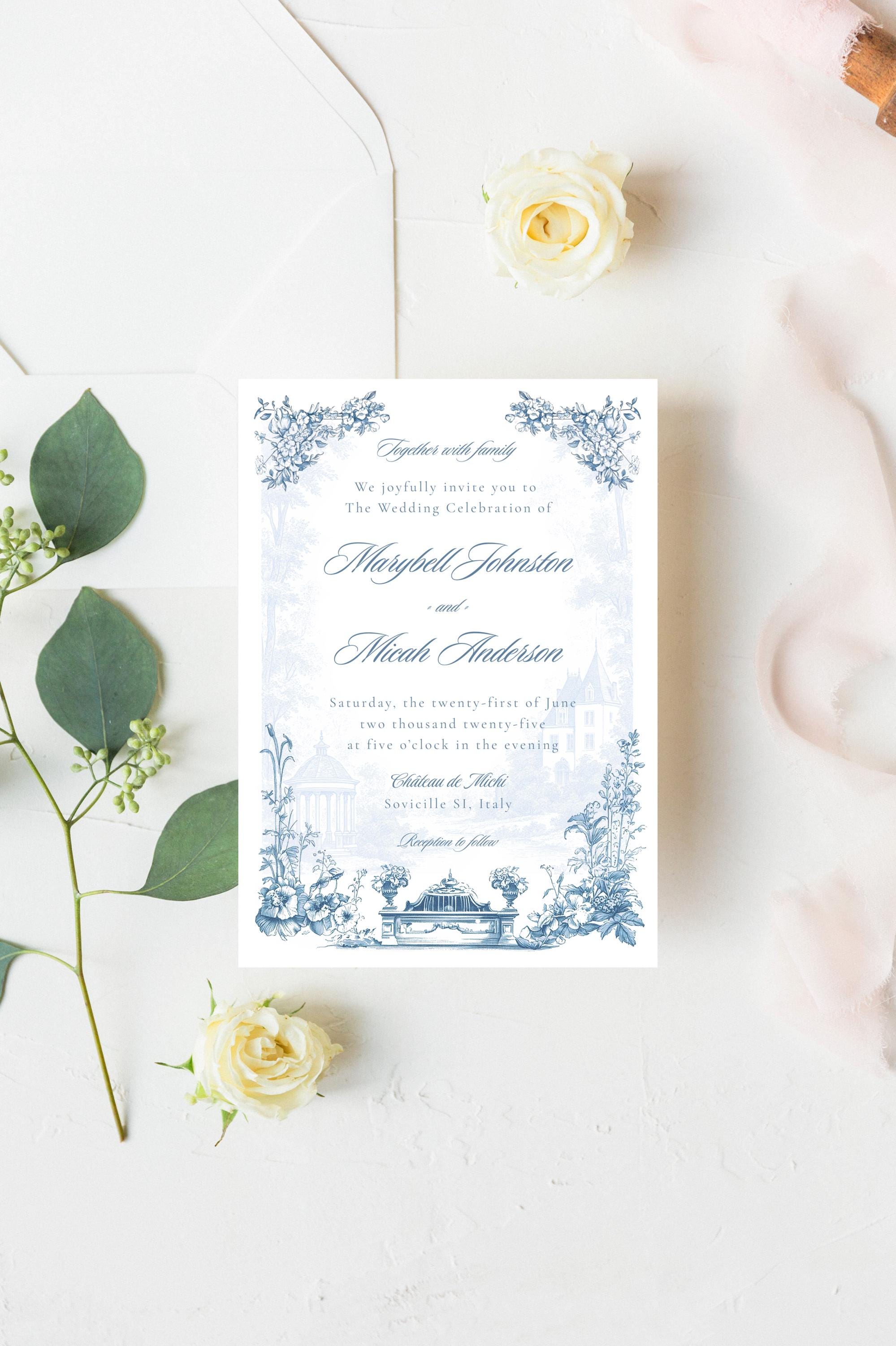 Dusty Blue Toile Wedding Invitation Suite | Printable Template (canva ...