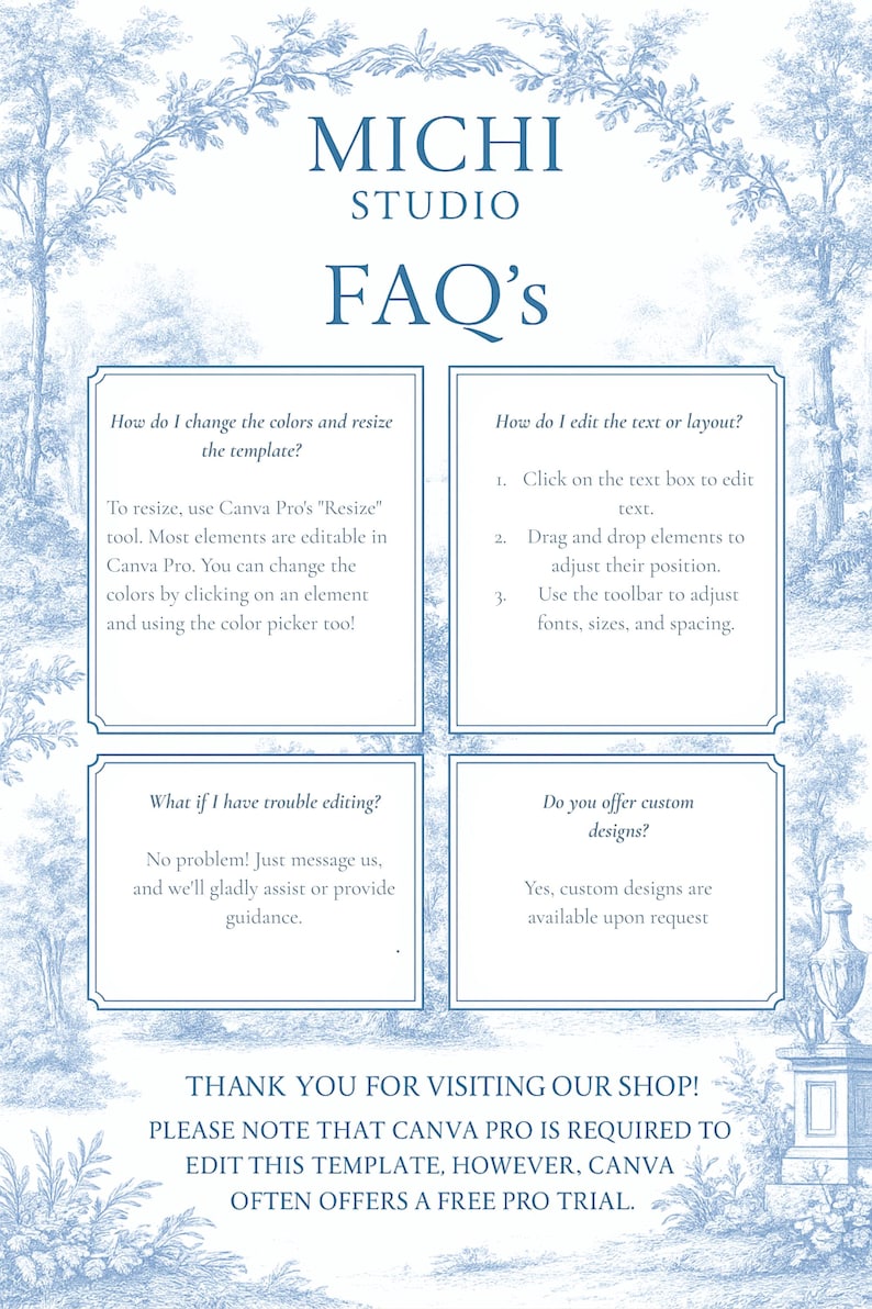 Dusty Blue Toile Wedding Invitation Suite | Printable Template (canva ...