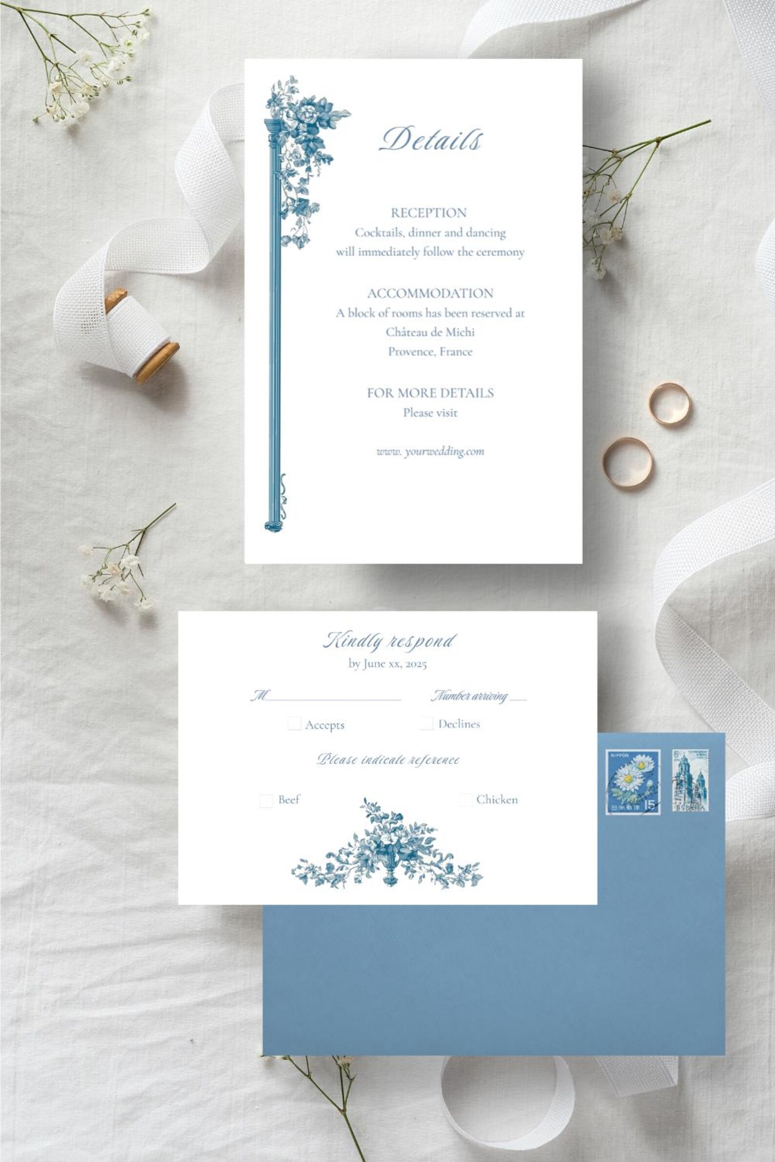 Dusty Blue Toile Wedding Invitation Suite: French-inspired Canva ...