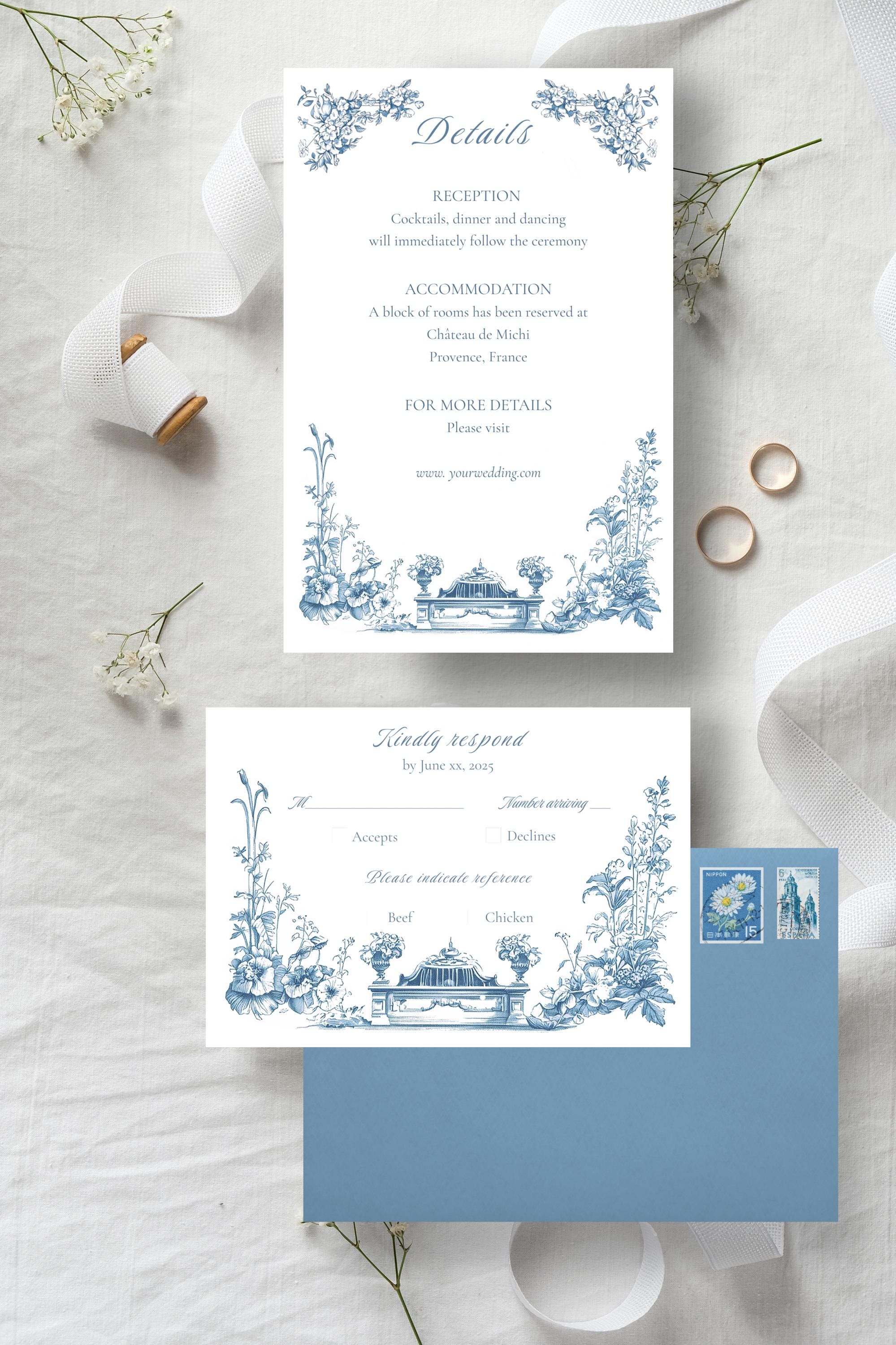 Dusty Blue Toile Wedding Invitation Suite | Printable Template (canva ...