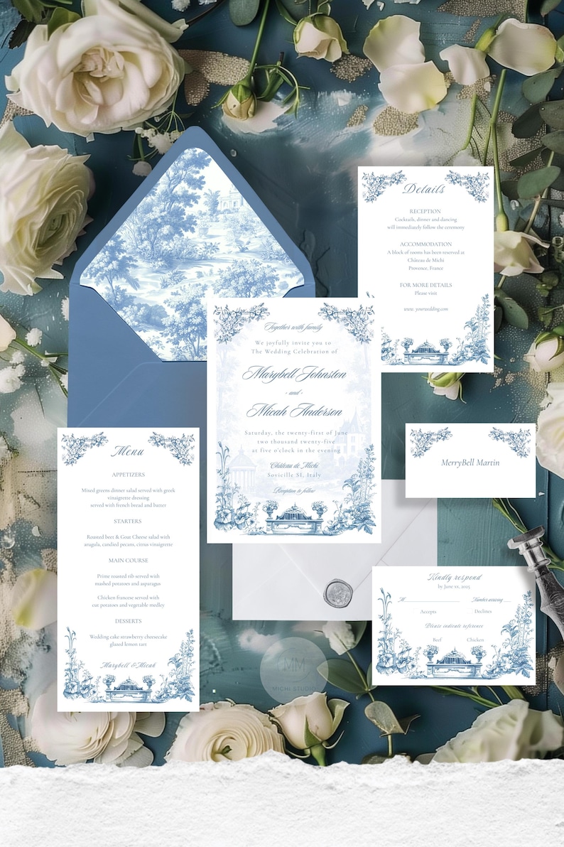 Dusty Blue Toile Wedding Invitation Suite | Printable Template (canva ...