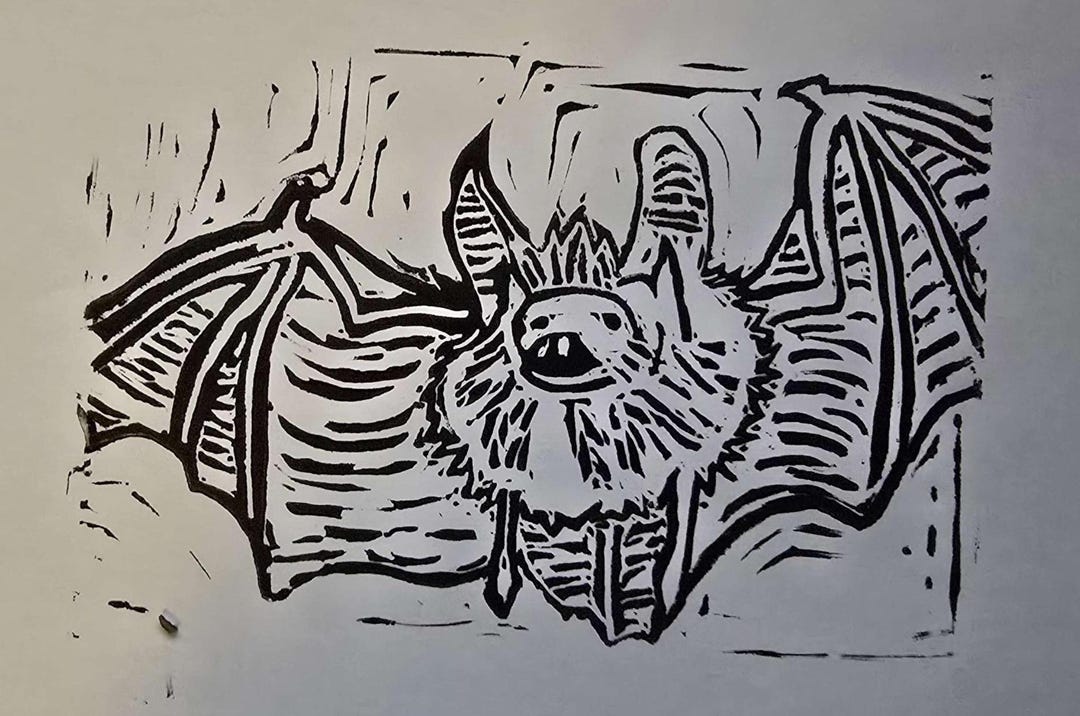 Luna the Bat Print Stamp, Print, Lino Print, Lino, Art, Original Art ...