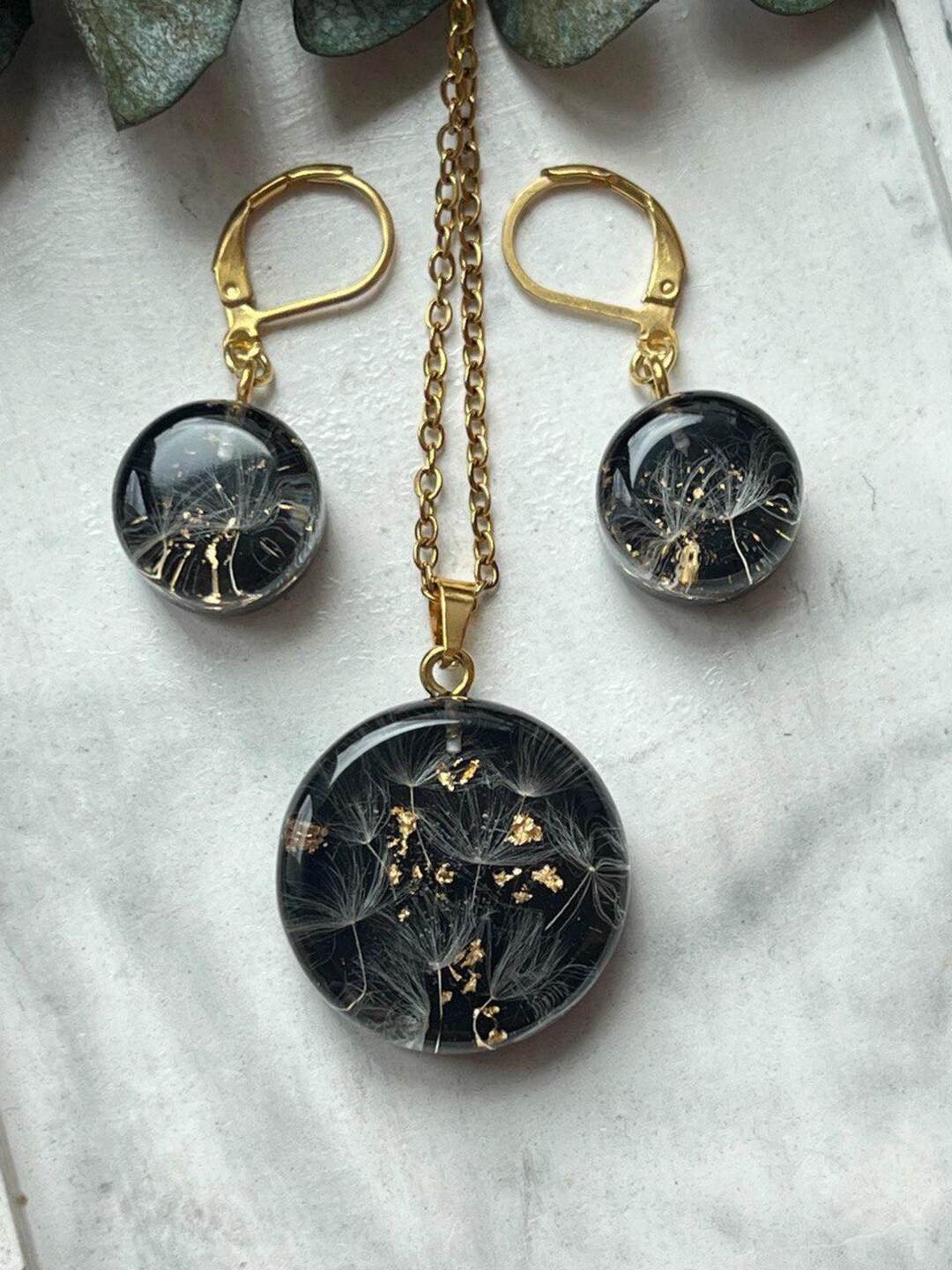 Dandelion Epoxy Accessories, Dried Flower Gold Leaf Necklace ...