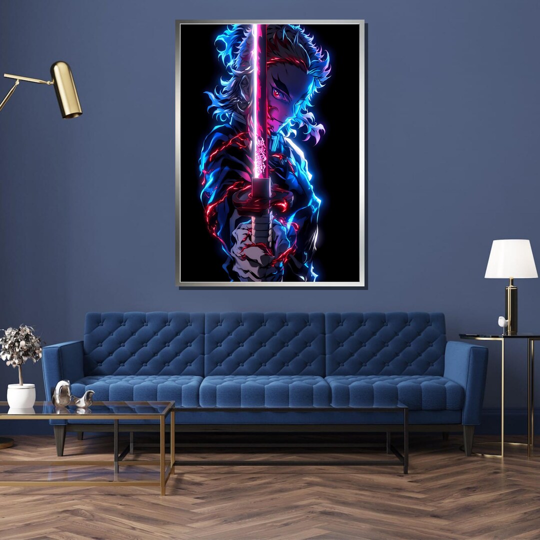 Demon Slayer Akaza Canvas Print - Upper Rank Three Art - Neon Blue ...