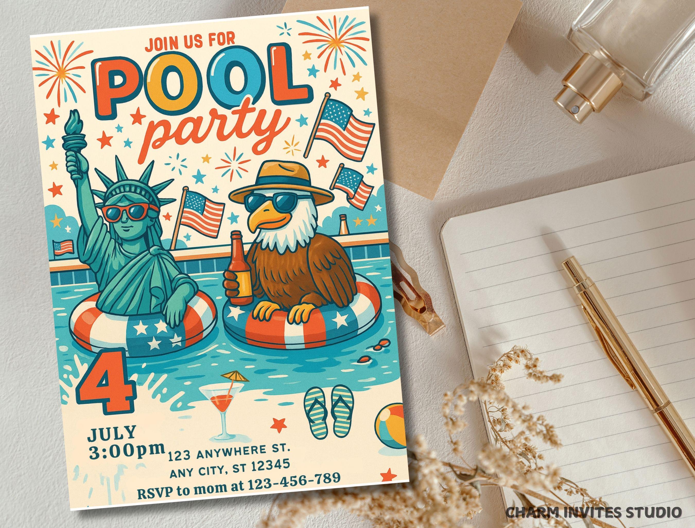 4th of July Pool Party Invitation, Independence Day Pool Party ...