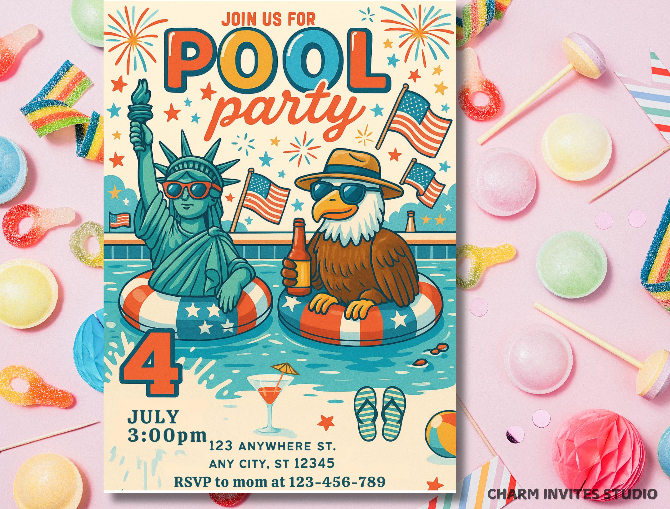 4th of July Pool Party Invitation, Independence Day Pool Party ...