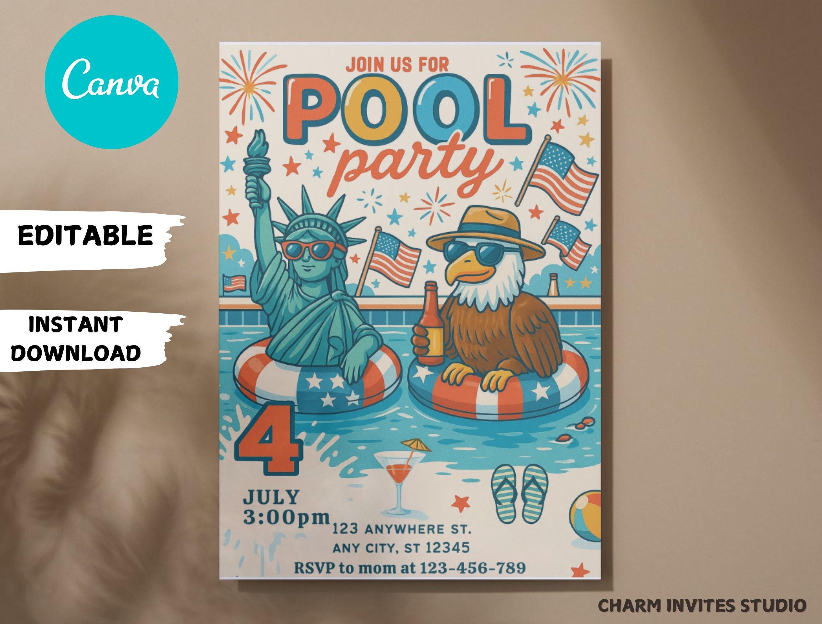 4th of July Pool Party Invitation, Independence Day Pool Party ...