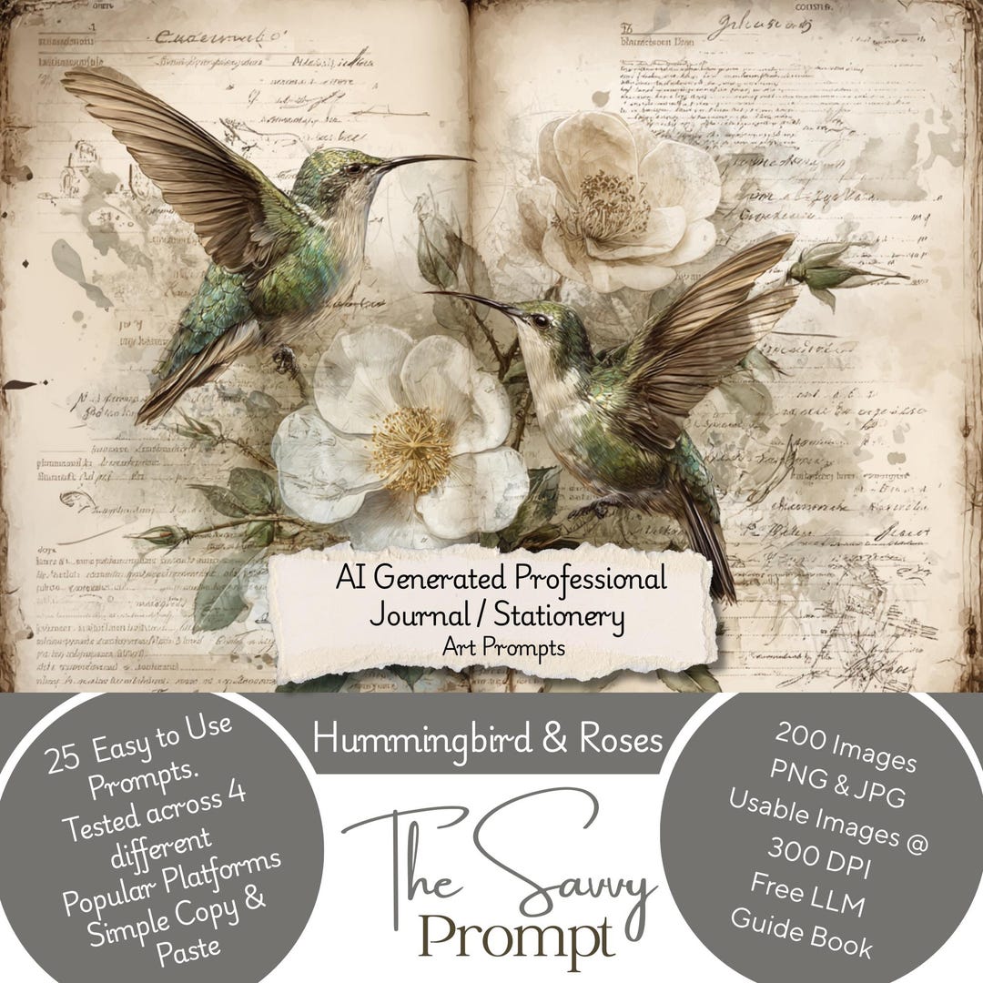 25 Hummingbird and Roses Themed AI Prompts - Digital Journaling & Craft ...