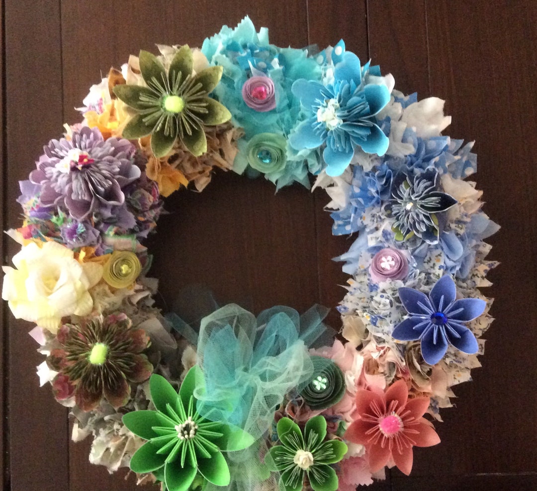 Seasonal Winter Spring Summer Origami Flower and Fabric Wreath - Etsy