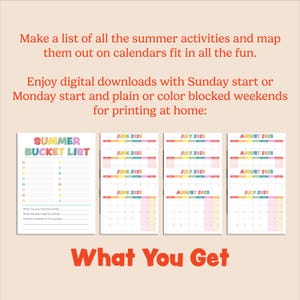 Summer Bucket List & Calendars Printable | Daily Weekly Monthly ...