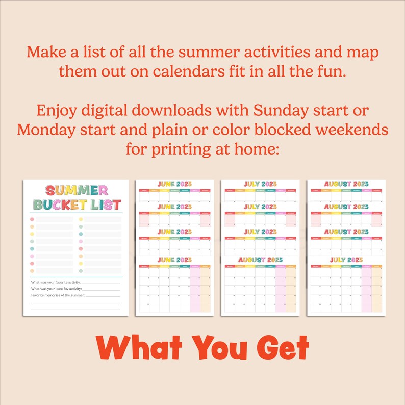 Summer Bucket List & Calendars Printable | Daily Weekly Monthly ...