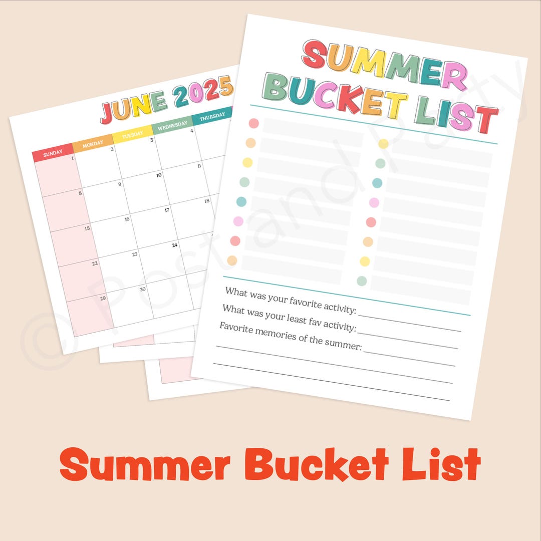 2026 Summer Bucket List & Calendars Printable | Daily Weekly Monthly ...