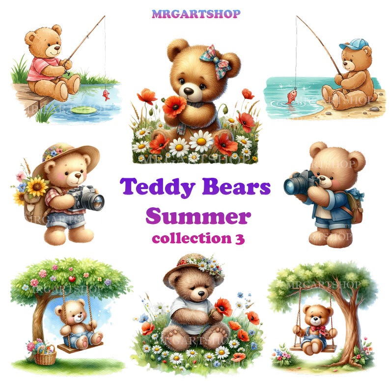 Teddy Bear Summer Clipart PNG | Vintage Bear Illustrations | Cute Bears ...