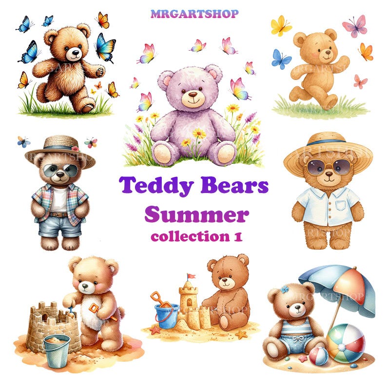 Beach Bears Clipart Bundle: Watercolor Teddy Bear Summer Vacation (24 ...