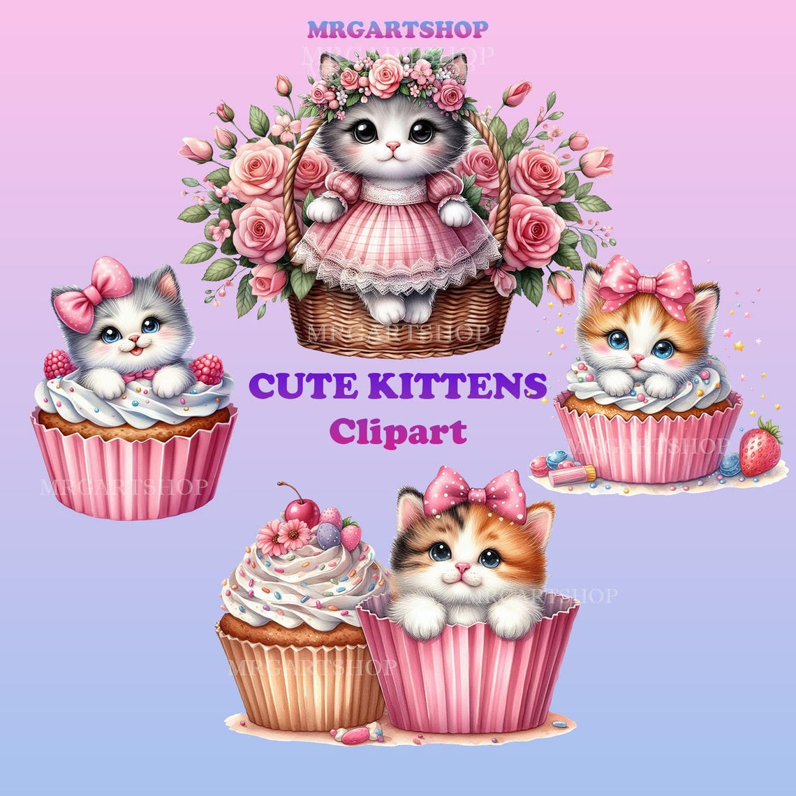 Floral Cupcake Cats Clipart PNG: Kawaii Kitten Stickers (digital ...