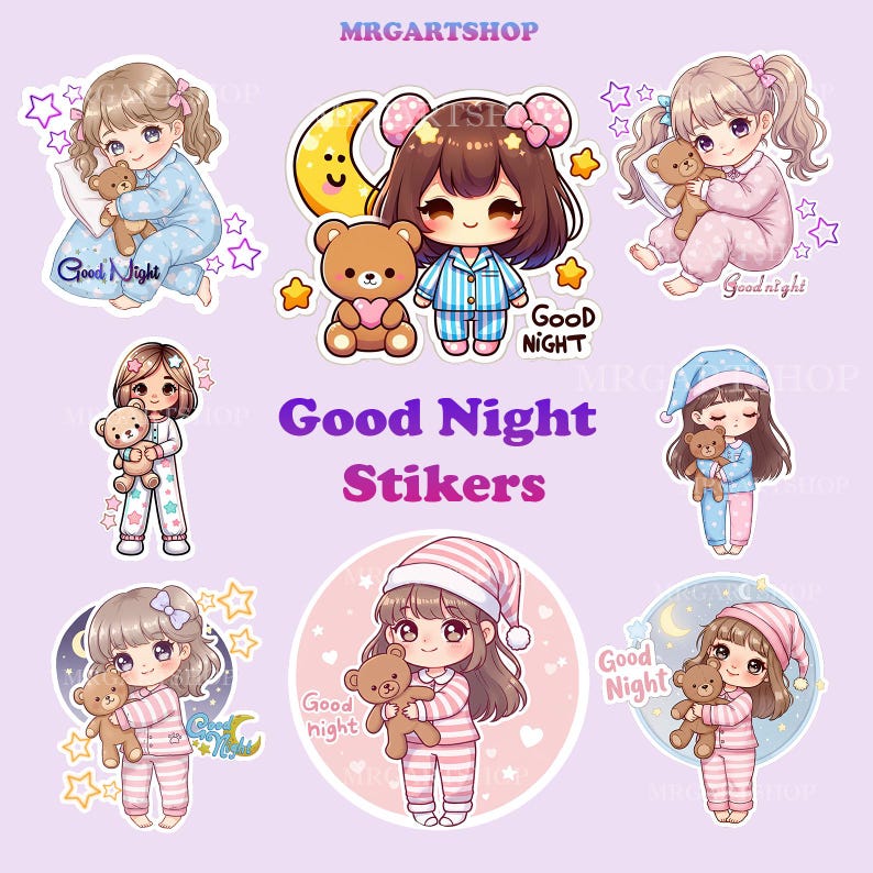 Good Night Kawaii Stickers | Cute Bedtime Clipart Bundle | Sleep Pajama ...