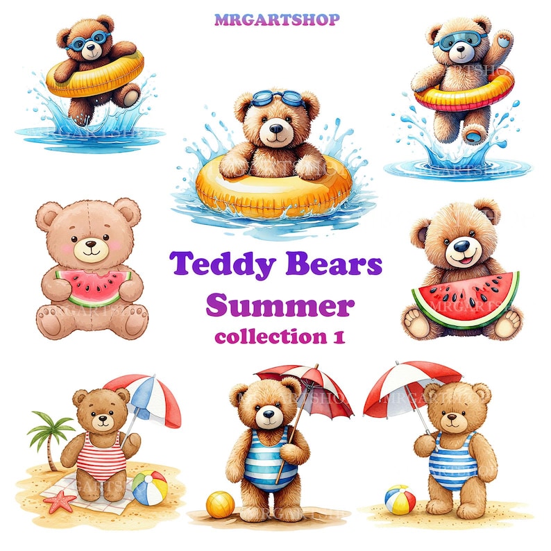 Beach Bears Clipart Bundle: Watercolor Teddy Bear Summer Vacation (24 ...