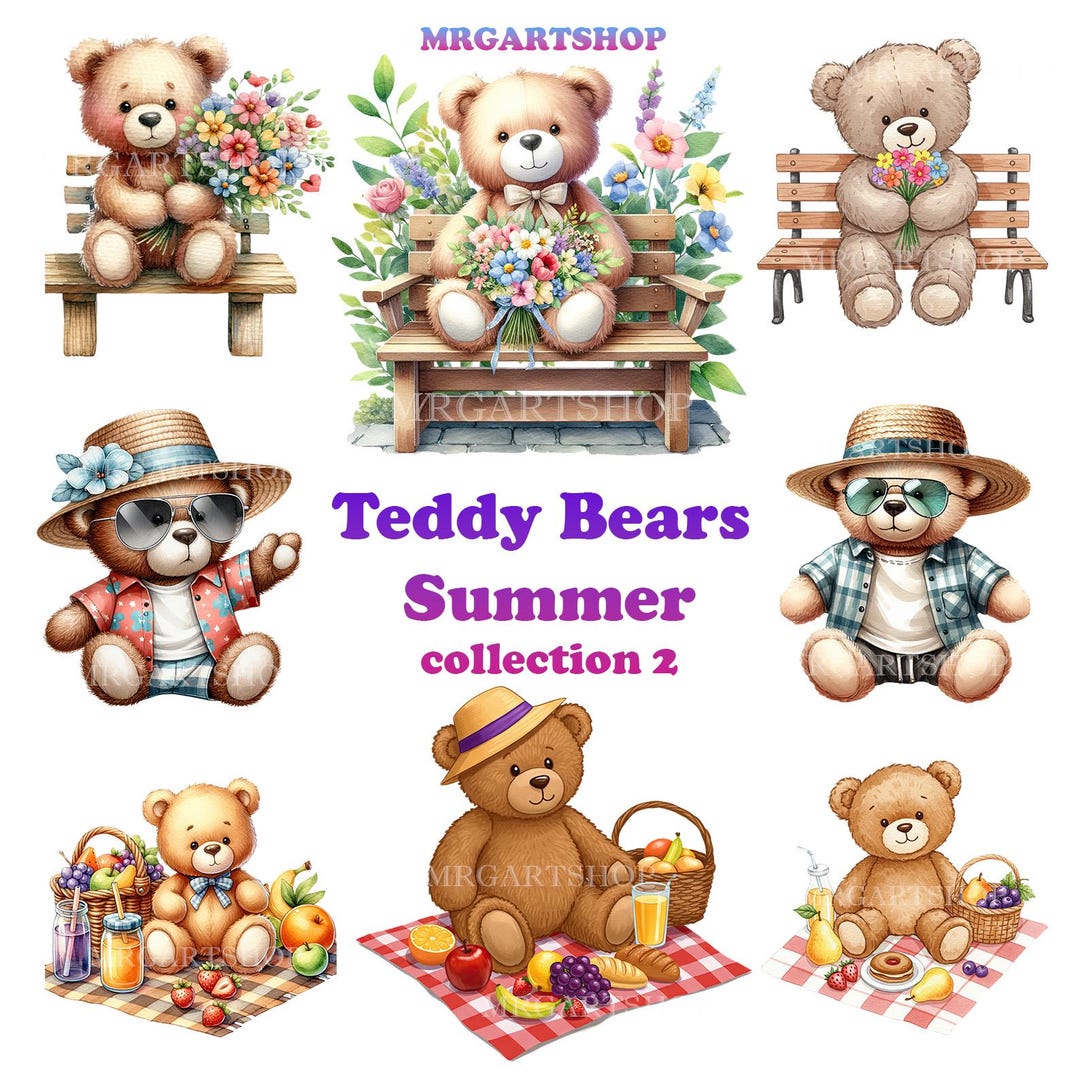Watercolor Teddy Bear Clipart: Summer Picnic, Kites (24 PNG Files) - Etsy