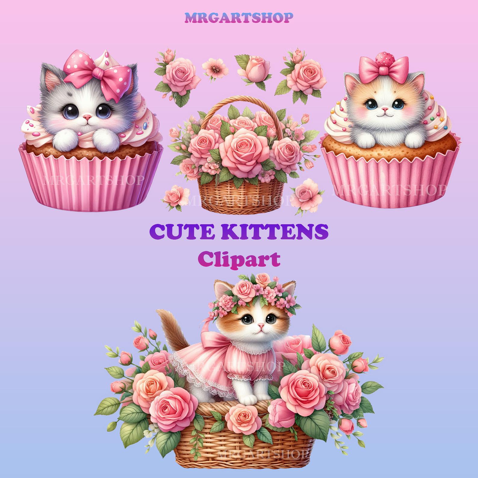 Floral Cupcake Cats Clipart PNG: Kawaii Kitten Stickers (digital ...