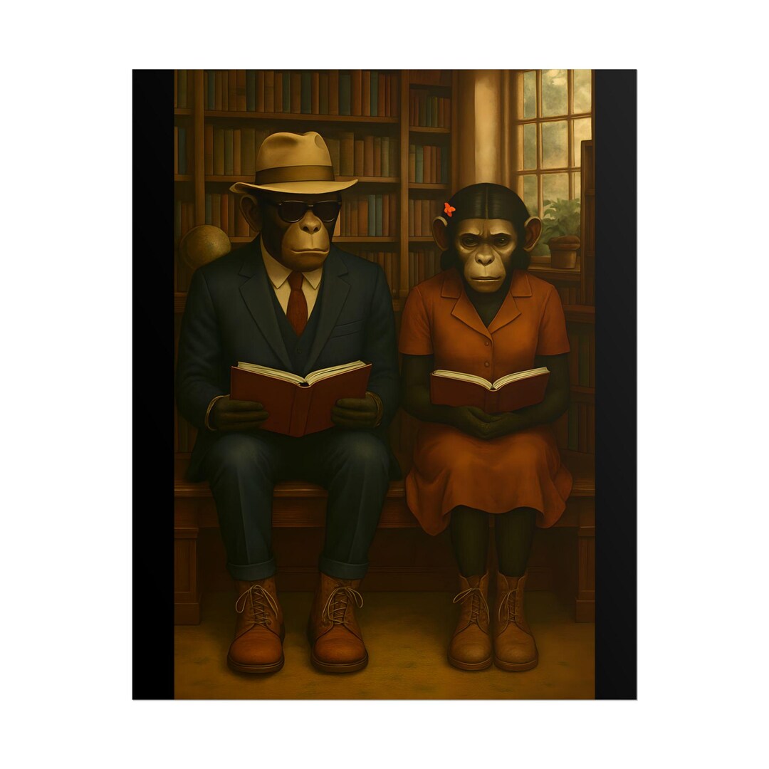 Vintage Chimpanzee Library Art Print Quirky Animal Wall Art for Book ...
